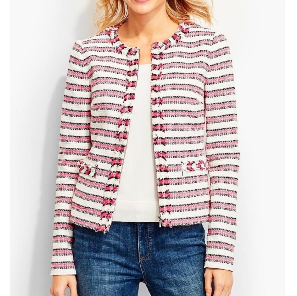 Talbots Pink White Striped Tweed Zip Up Jacket Size 1… - Gem